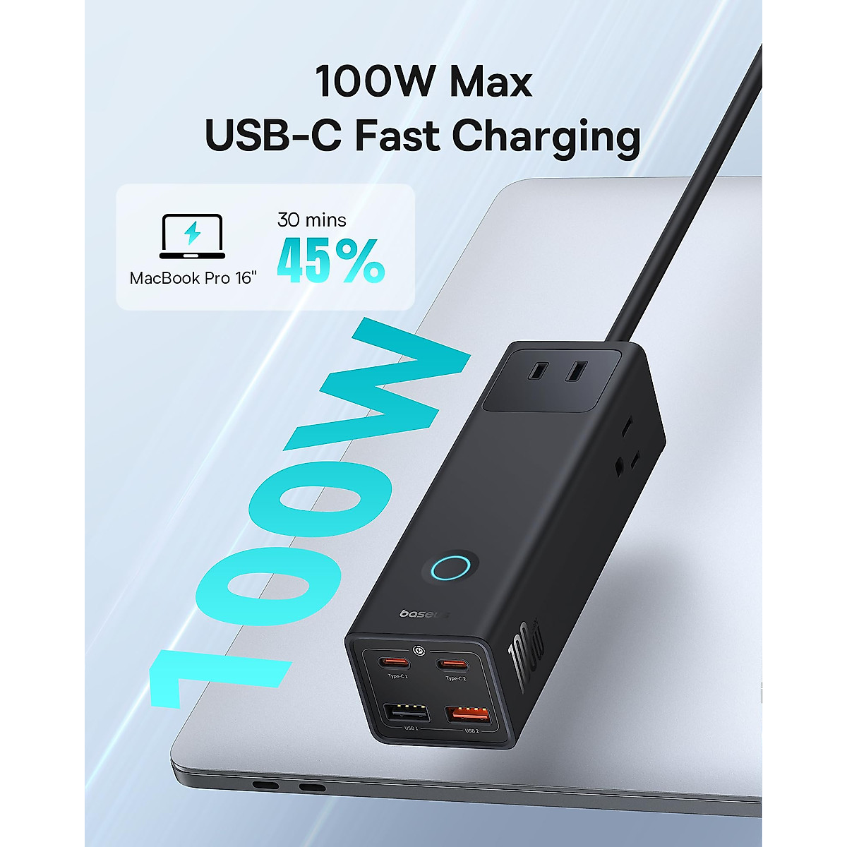 Baseus Charging Station 100W, 7-Port GaN USB C Charger Power Strip Surge Protector 1200J with 5ft Extension Cord, Fast Charging Desktop Outlet Extender for Laptop, MacBook, iPhone, Travel, Work