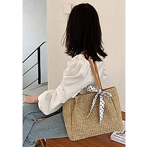 Obosoyo Straw Bags for Women Beach Bags Bowknot Shoulder Bags Straw Purse Summer Woven Bags