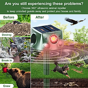 FRAMICS Solar Animal Repeller 360° Ultrasonic Animal Repellent Outdoor Solar Animal Repellent Cat Deterrent with Motion Sensor & LED Flashing Animal Repeller for Repelling Cat Squirrel Deer Raccoon