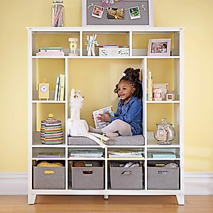Martha Stewart Kids' Storage System - Creamy White: Wood Bookshelf Cubby with Seat Cushion, Shelves and Storage Bins; Reading Nook Bookcase and Kids Room Storage Bench