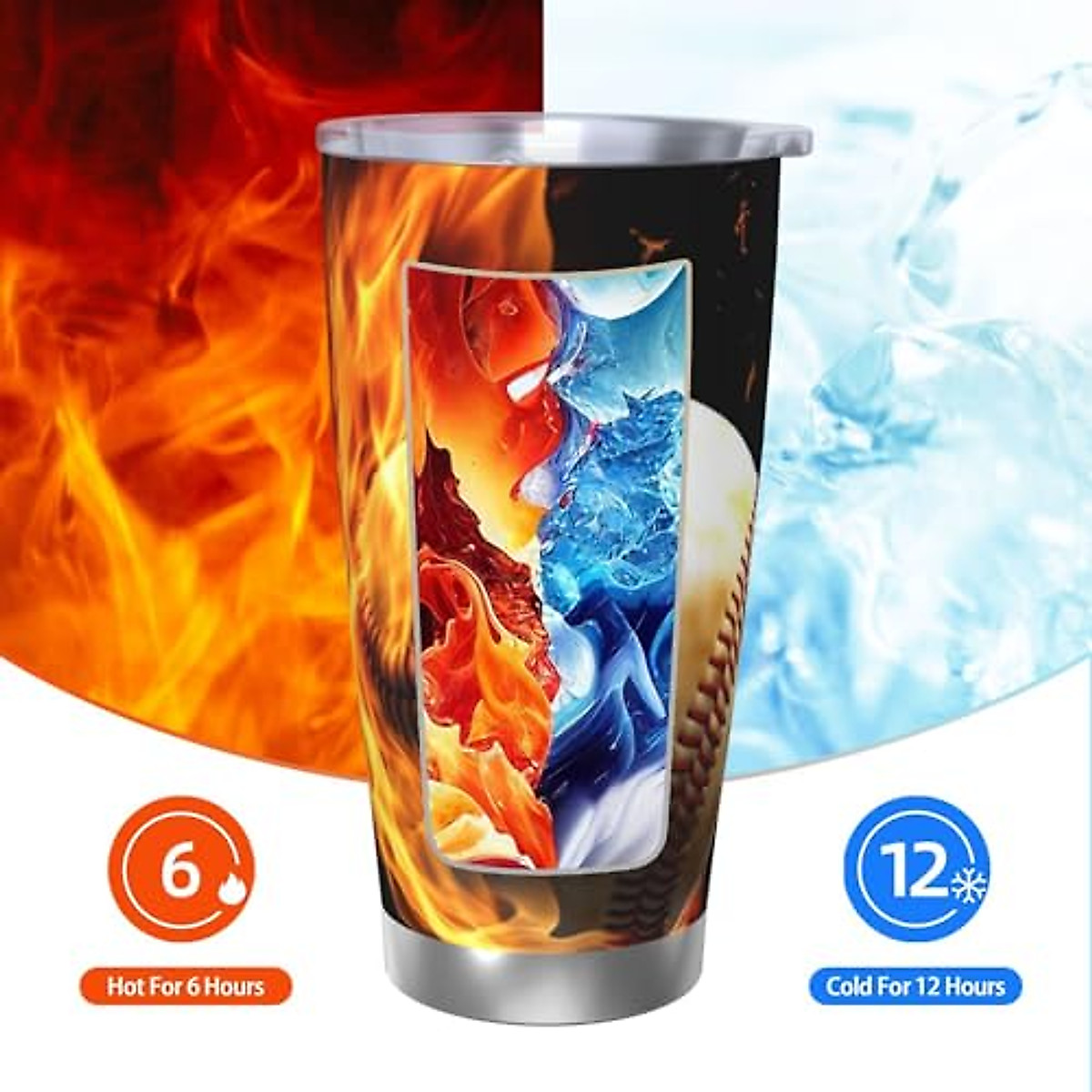 Fire Baseball Tumbler with Lid and Straw 20oz Stainless Steel Car Cup for Hot and Cold Drinks, Double Wall Insulated Travel Coffee Mug Reusable Drink Thermos Cup Birthday Gifts
