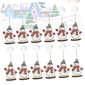 DOITOOL 12Pcs Christmas Place Card Holders, Christmas Wood Place Card Holders with Swirl Wire, Christmas Snowman Note Photos Stand for Xmas Party Wedding Party Decoration (Snowman)