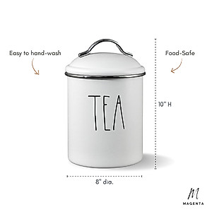 Rae Dunn Tin Tea Canister, Storage Tin with Lid and Elongated Writing