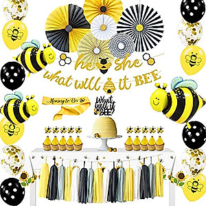 NAIWOXI What Will It Bee Gender Reveal Party Supplies - Bumble Bee Gender Reveal Decorations for Kids Baby Shower, Banner, Table Cloth, Sash, Paper Fans, Cake Topper, Balloons, for Baby Reveal Party