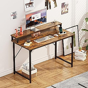 SUPERJARE 47 inch Computer Desk with LED Lights & Power Outlets, Home Office Desk with Monitor Shelf, Small Desk for Home & Office, Rustic Brown