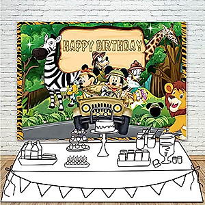 YouRan Mickey Mouse Jungle Safari Party Themed Backdrop 7x5 Happy Birthday Go Wild Safari Mickey Mouse Truck Background for Kids 1st Birthday Vinyl Birthday Party Banner