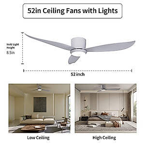 Low Profile Ceiling Fans,52”Flush Mount Ceiling Fans with Lights Remote Control with 3 Reversible Blades,22W 3CCT LED Lights 6 Speed DC Motor Ceiling Fan For Bedroom/Farmhouse/Patios/Living Room White