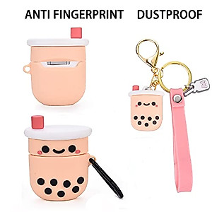 Cute Airpod Case Cover with Keychain Girly Pink Boba Milk Tea Design Compatible with Airpods 2&1 Charging Case for Women and Girls