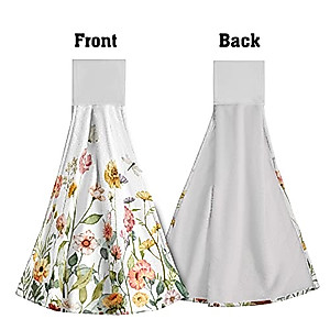 Wild Flowers Hanging Tie Towels Set 2 Pcs Summer Spring Floral Kitchen Hand Towel Absorbent Soft Coral Velvet Tea Bar Dish Dry Cloth for Kitchen Bathroom