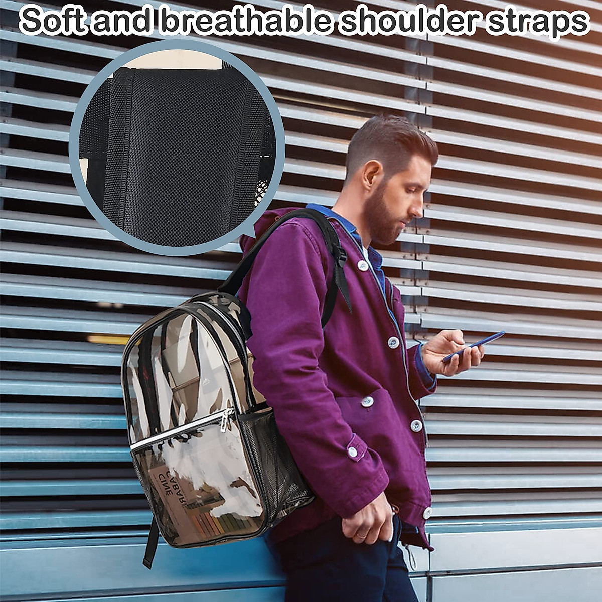 Woddtery Clear Backpack, Heavy Duty PVC Transparent Backpack, See Through Backpacks for School, Work,Stadium,Travel,Security,Festival,College Black…