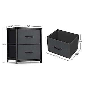 FEZIBO 2 Drawers Fabric Dresser, Nightstand for Bedroom, Small Storage Tower Organizer Unit for Closet Hallway Entryway Nursery Room, Steel Frame, Wood Top, Black Grey