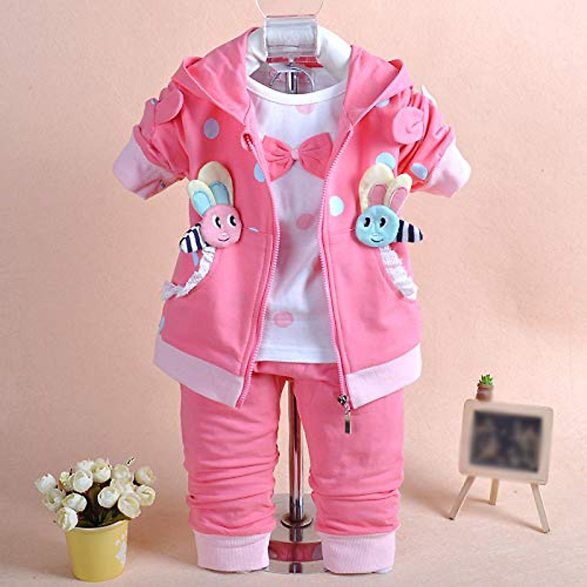Yao 6M-4Y 3pcs Baby Girl Casual Hoodie Jacket Cotton T-Shirt Pants Sweater (Hot Pink,6-12M)