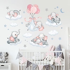 wondever Watercolor Pink Sleeping Elephant Wall Stickers Flying Animals Clouds Star Peel and Stick Wall Art Decals for Baby Nursery Kids Bedroom