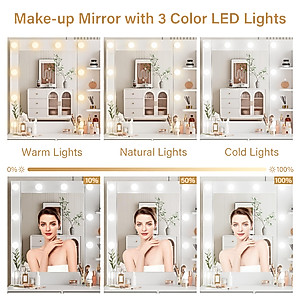 Esmlada Makeup Vanity Desk with Sliding LED Lighted Mirror, Large White Vanity Desk with Drawers, Charging Station, Shelves and Side Storage, 3 Model Adjustable Lights for Bedroom & Dressing Room