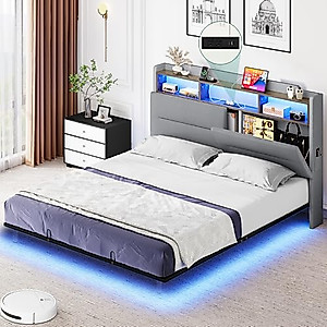 YITAHOME Queen Size Floating Bed Frame, Upholstered Platform Bed with Hidden Storage Headboard, RGB Bed Frame with USB-C/A Charging Station, No Box Spring Needed, Gray