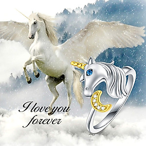 LONAGO Unicorn Ring with Moon Sterling Silver Unicorn Stacking Ring for Women (silver, 7)