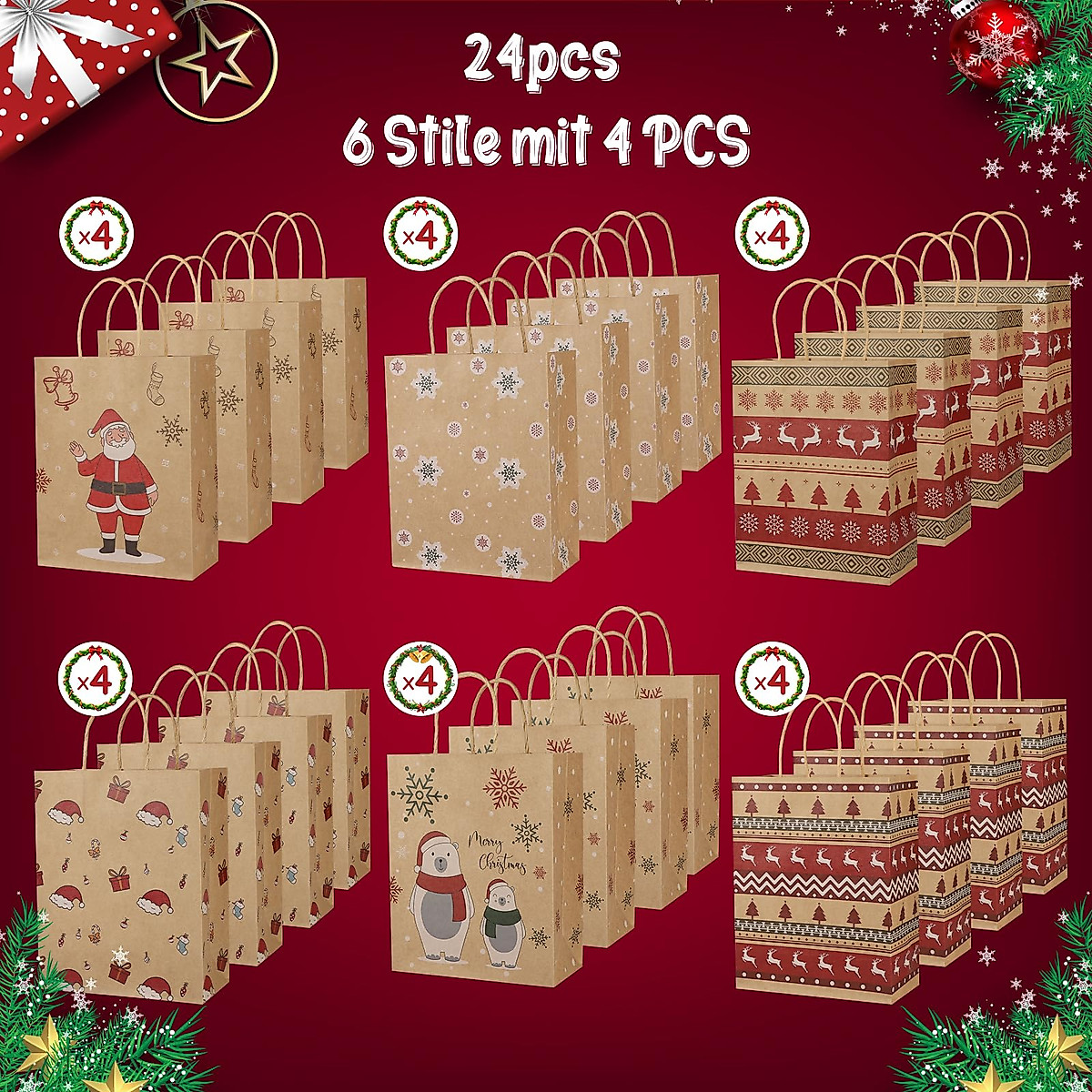 24-Pack Christmas Gift Bags, 6 Designs Christmas Kraft Paper Bags, 8.26x5.9x3.14 Inches with Handles Xmas Gift Bags, Suitable for Holiday Kraft Paper Gift Bags, Christmas Gift Bags, Party Gift Bags