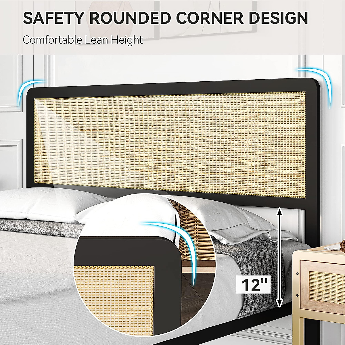 coucheta Queen Rattan Bed Frame, Queen Boho Bed Frame with Curved Natural Rattan Headboard, No Box Spring Needed/Mattress Foundation/Easy Assembly/Metal Slat Support/Bohemian Style