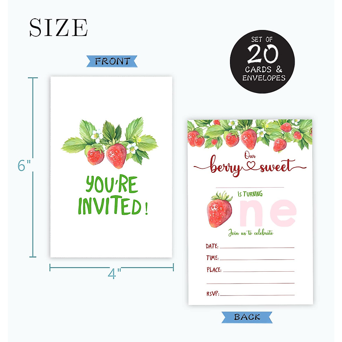 QOFO Sweet Strawberry First Birthday Party Invitation Card-Set of 20 With Envelopes,Birthday Invitation Cards,Birthday Party Decorations And Supplies-YQC31