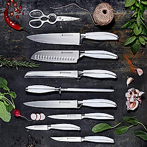 Kurschmann 15-Piece Knife Set CLEARANCE in Upright Acacia Block, White Handles with Stainless Steel Chef's Knife, 6 Steak Knives + Santoku, Bread, Carving, Paring, & Utility Knife + Scissors & Rod
