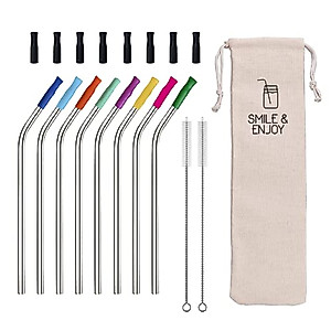 8-Pack Reusable Stainless Steel Straws with Colored & Black Silicone Tips, Straw Cleaner Brush and Polyester Bag, Reusable Straws for Tumblers & Mason Jars