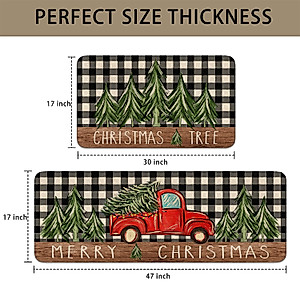 Eikunn Christmas Kitchen Rugs Set of 2,Red Truck Christmas Tree Kitchen Mat for Floor,Winter Holiday Non-Slip Washable Kitchen Sink Mats Kitchen Decor Doormat+Runner Rug