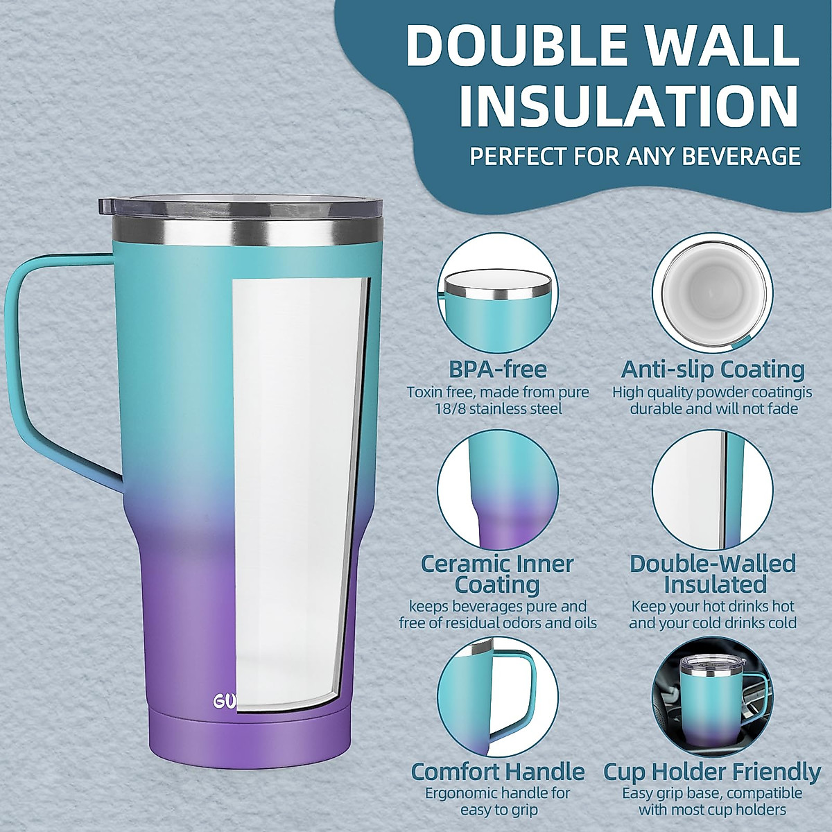 20 oz Insulated Coffee Mug with Ceramic Coating, Stainless Steel Travel Mug Tumbler with Handle Lid and Straw, Double Wall Leak-Proof Thermos Coffee Travel Mug Keeps Drink Hot and Cold (Azure Purple)
