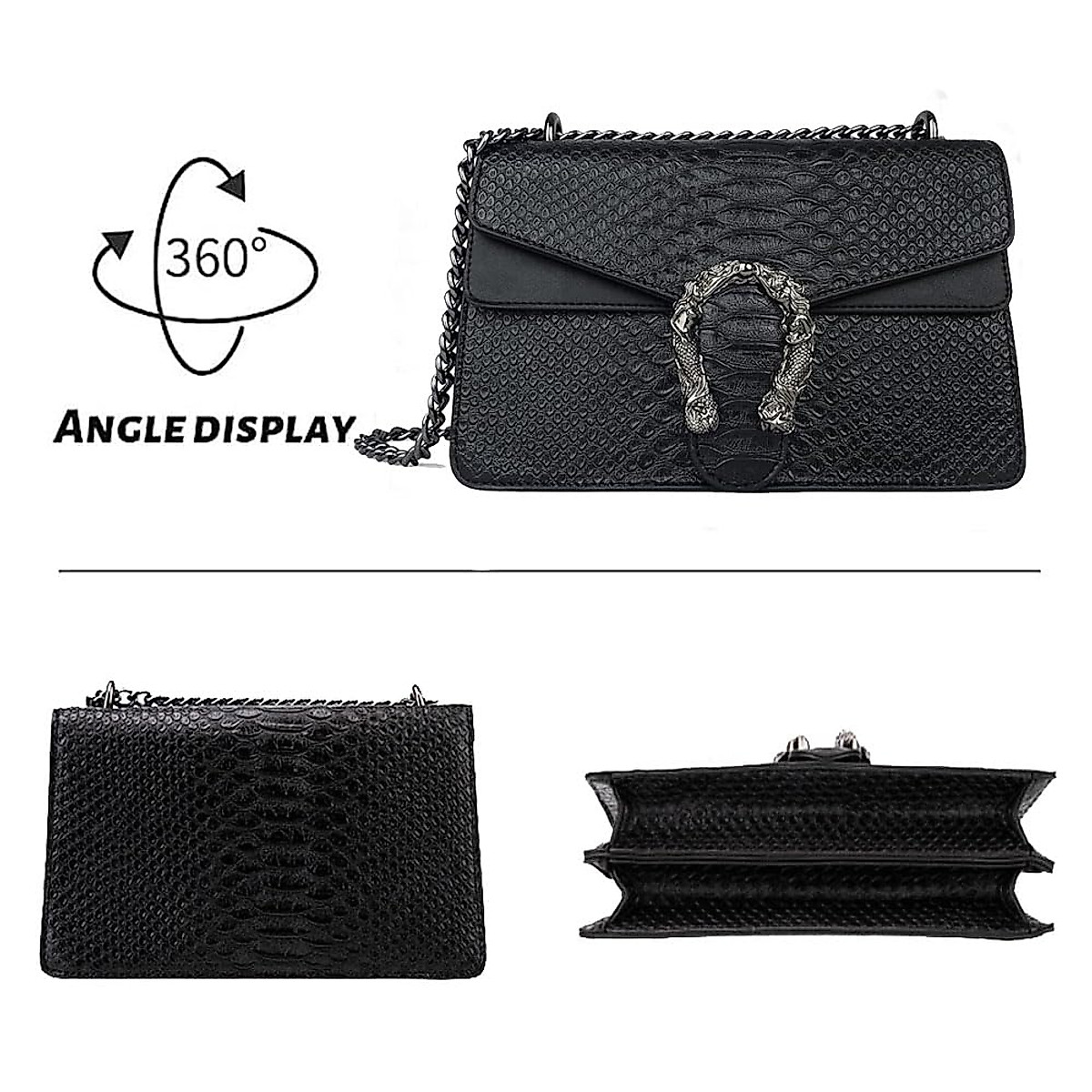 JBB Women's Crossbody Shoulder Bag Retro Snakeskin Solid Color Chain Strap Clutch Leather Bag Black