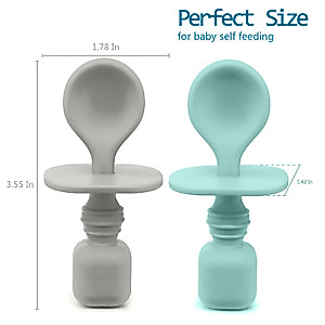 Silicone Baby Spoons for Baby Led Weaning 2-Pack, First Stage Baby Feeding Spoon Set Gum Friendly BPA Lead Phthalate and Plastic Free, Great Gift Set (Light Blue/Cool Gray)