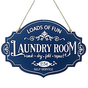 BetyHom 13×9 In Distressed Blue Wooden Laundry Room Wall Decor Sign Self Service Laundry Signs with Hang Rope