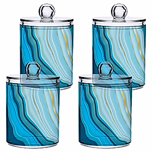 BOENLE 2 Pack Qtip Holder Dispenser Teal Turquoise Blue Marble Bathroom Storage Canister Lid Acrylic Plastic Apothecary Jar Set Vanity Makeup Organizer for Cotton Swab/Ball/Round Pads, Floss