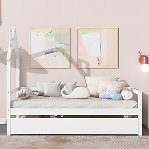 Harper & Bright Designs Twin House Bed for Kids with House-Shaped Headboard, Wood Twin Size Platform Bed with Trundle,Cute Twin Daybed Frame for Boys Girls, White