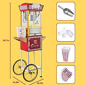 Cornrush Popcorn Maker Professional Cart Retro Classic Popcorn Popper Machine 8 Ounce with Nonstick Kettle for Home Use, Party and Birthday Gift, Red