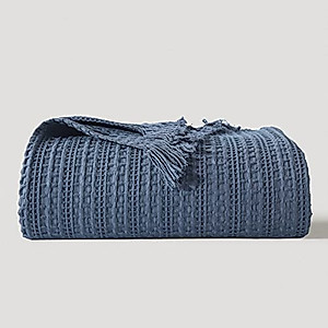 100% Cotton Waffle Blanket with Fringe, Pre-Washed Waffle Weave Blanket for All Season, Lightweight Breathable Soft Cozy Throw Blanket for Couch, Bed, Travel (Blue - 50x60 Inches)