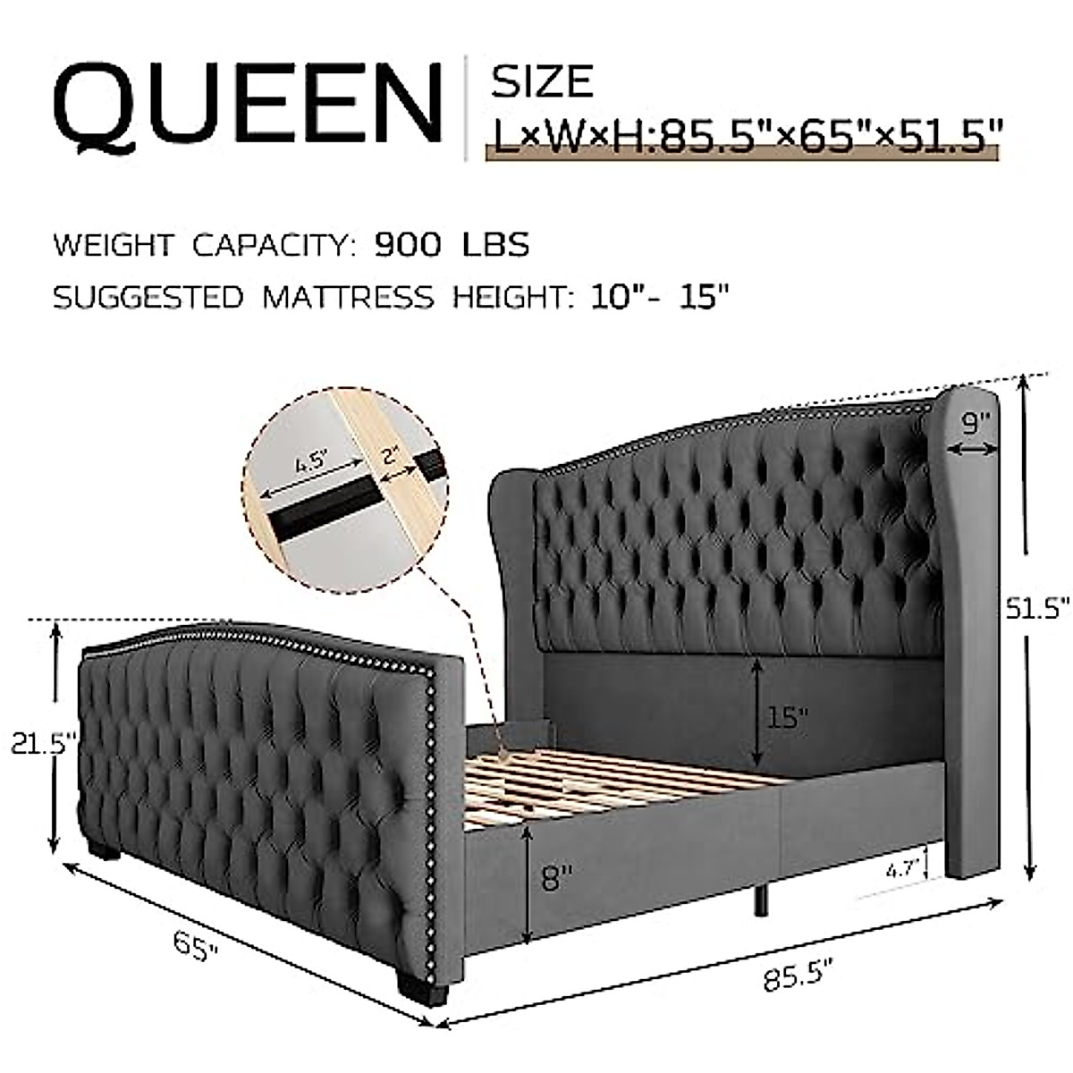 LUXOAK Queen Platform Bed Frame with Wingback Headboard, Velvet Upholstered Bed Frame with Handmade Button Tufted & Nailhead, Wooden Slats Support, Grey