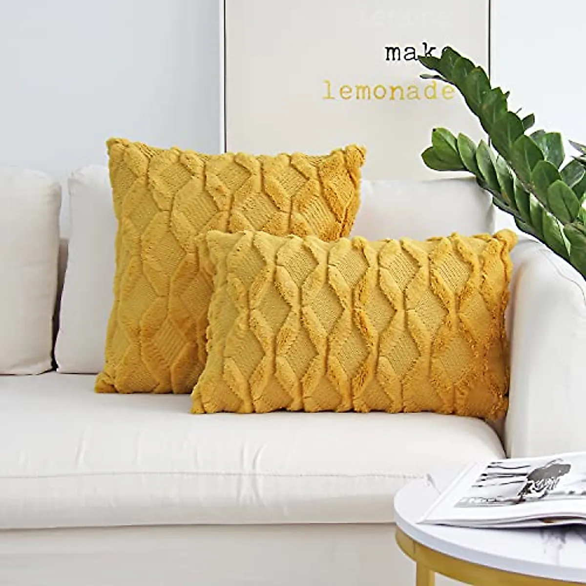 JOJUSIS Plush Short Wool Velvet Decorative Throw Pillow Covers Luxury Style Cushion Case Faux Fur Pillowcases for Sofa Bedroom Pack of 2 18 x 18 Inch Yellow