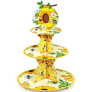 3 Tier Bee Paper Cupcake Stand Holder Bee Sunflower Party Dessert Round Tower Yellow Bee Sturdy Cupcake Pastry Stand for Kids Birthday Baby Shower Party Decorations Bee Theme Party Supplies