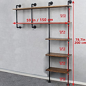 MBQQ 5-Tiers Industrial Pipe Shelving,59inch Rustic Wooden&Metal Floating Shelves,Home Decor Shelves Wall Mount,Real Wood Book Shelves,Wall Shelf Unit Bookshelf,Wall Shelf for Office Organizer,Brown