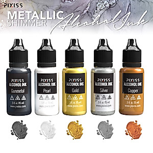 Metallic Alcohol Ink Set - 5 Metal Color Alcohol-Based Inks for Epoxy Resin Art - Concentrated Shimmer Alcohol Paint Color Dye for Resin - 4 Ounce White Alcohol Ink - Pixiss Alcohol Ink Blower