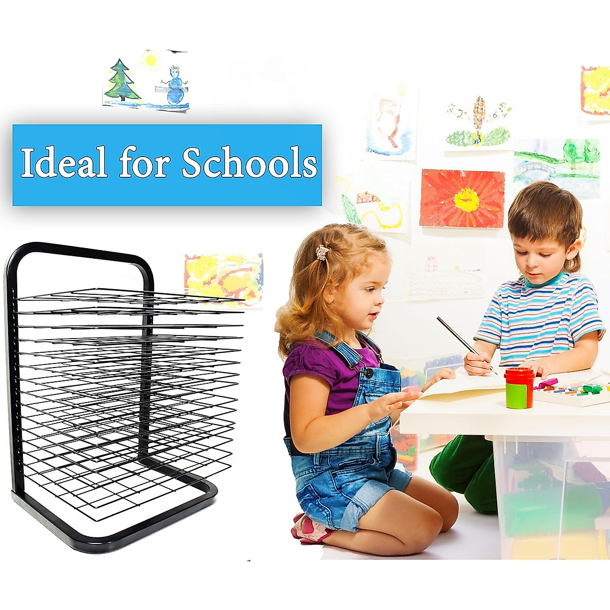 Joymaney Art Drying Rack | Mobile Metal Art Storage Rack with Removable Shelves | Art Organizer for Kids, Art Studio and Tabletop Storage, Craft Room and Desktop (15 Shelves)