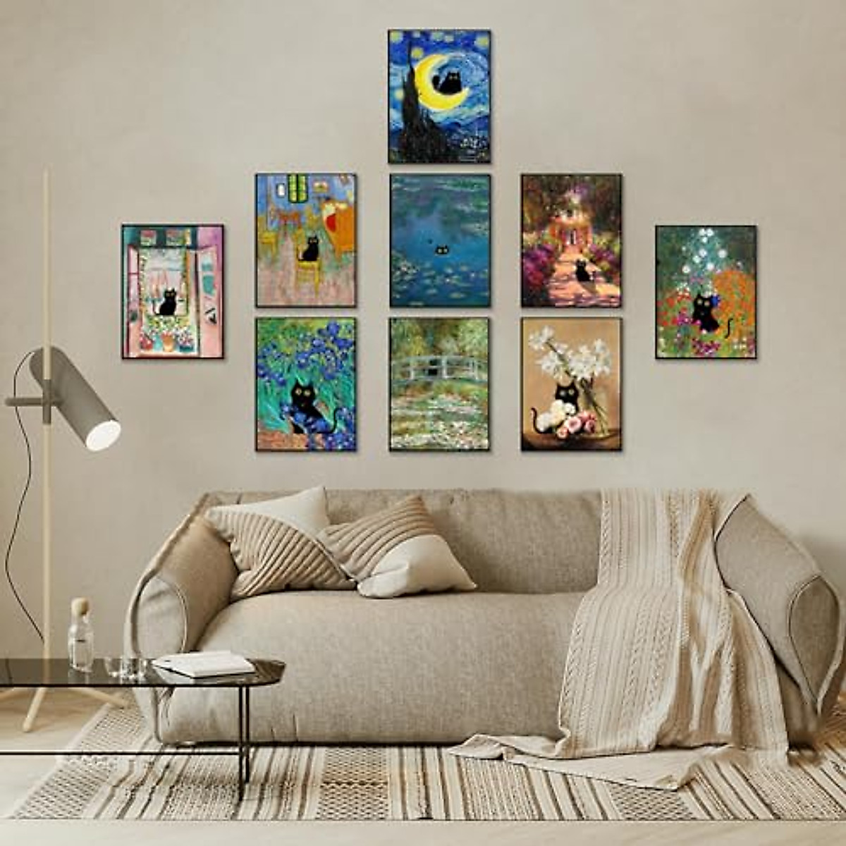 9 Pieces of Matisse's interesting Black Cat Posters Wall Art Print Monet Eclectic Aesthetics Retro Wall Decoration Cat Lover Canvas Flower Printing Colorful Farmhouse Gallery Bedroom Bathroom