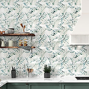 STICKEEP Blue Leaf Floral Peel and Stick Wallpaper Modern Floral Contact Paper Self Adhesive Geometric Leaf Wallpaper for Bedroom Walls Bathroom Laundry Room Cabinets Removable Wallpaper 24"x118"