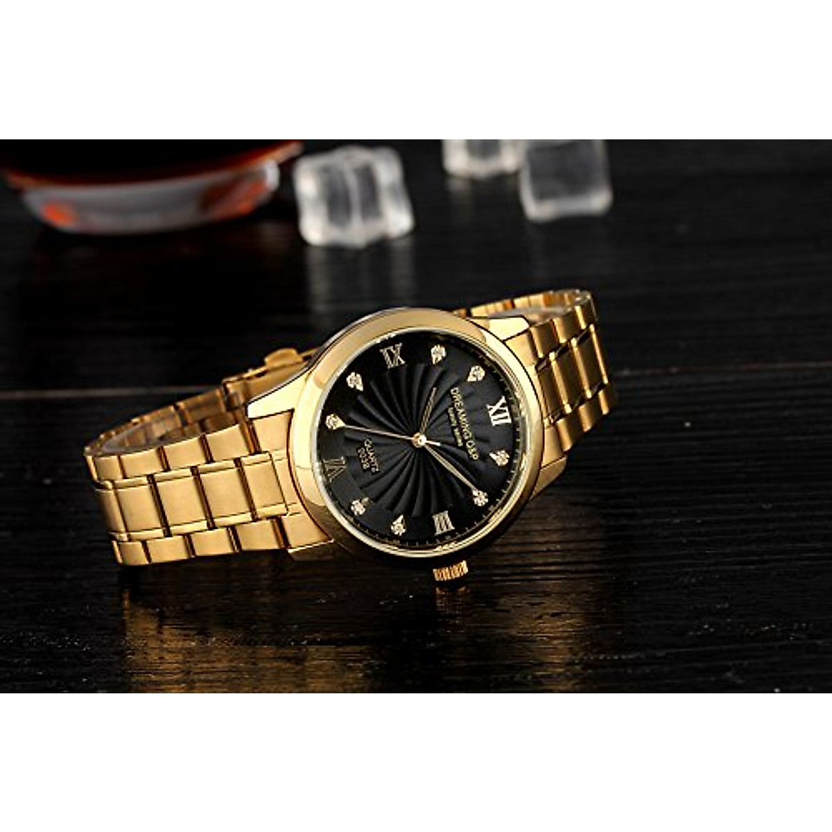 DREAMING Q&P IP Gold Plating Steel Roman Numeral Dial with Rhinestones Luxury Mens Wrist Watches for Man Black 003