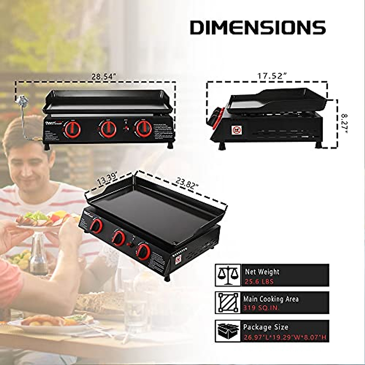 Royal Gourmet PD1303A 24-Inch 3-Burner Portable Tabletop Griddle, 24,000 BTU Propane Gas Grill Tabletop Usa for Patio, Deck, Backyard, Tailgating, Camping and Picnic, Black