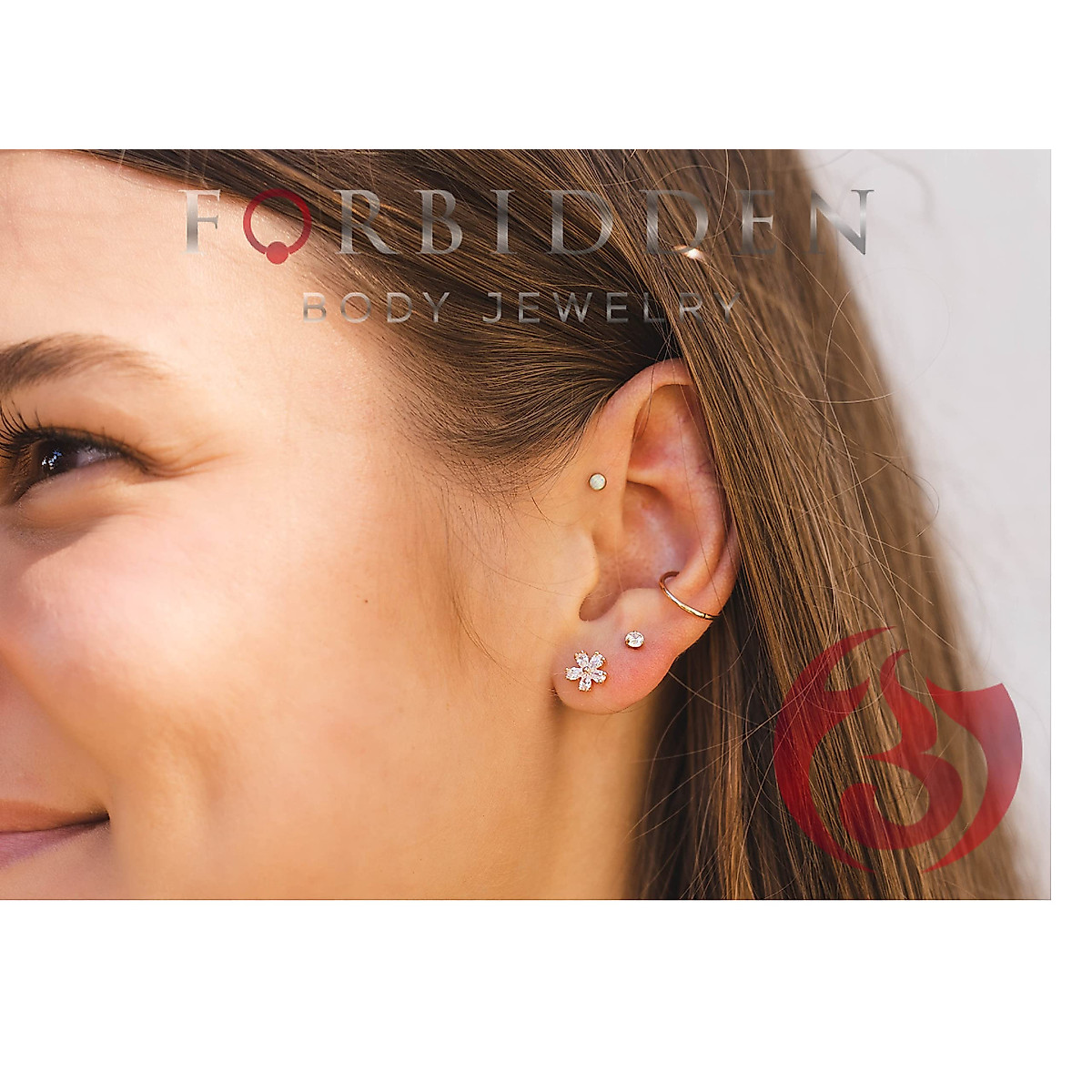 Forbidden Body Jewelry 16g 8mm Internally Threaded Cartilage, Tragus, Labret & Monroe Stud w/CZ Floral Top, 14k Gold Plated