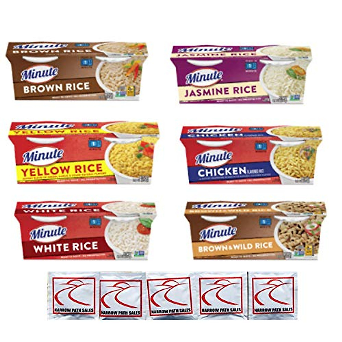 Minute Rice Ready to Serve Cups Variety Pack of 6 Different Flavors: White Rice, Yellow Rice, Brown Rice, Chicken Rice, Jasmine Rice, Brown and Wild Rice. Bundle of 6 Ready Rice Food Gift
