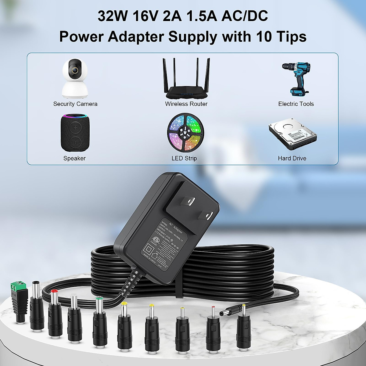 VIFOCUFY 16V 2A 1.5A AC Adapter Power Supply 32W 10 Tips Power Cord with UL Listed Charger Replacement for Webcams Monitors Scanners Routers LED Lights