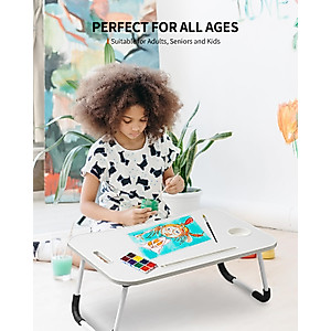 FISYOD Foldable Laptop Table, Portable Lap Desk Bed Table Tray, Laptop Stand with Cup Holder & Tablet Slot & Lifting Handle for Working Writing Drawing & Eating (White)