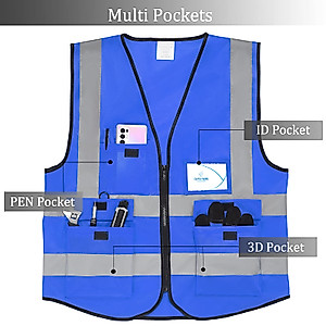 WORCBGIO Reflective Safety Vest with Pockets High Visibility Sliver Strip for Men and Women (Blue, Medium