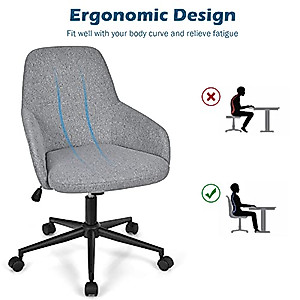 Giantex Fabric Office Chair, Upholstered Linen Leisure Chair, Ergonomic Desk Chair w/Rocking Backrest, Modern Vanity Chair, Swivel Adjustable Task Chair for Bedroom & Study (Grey)